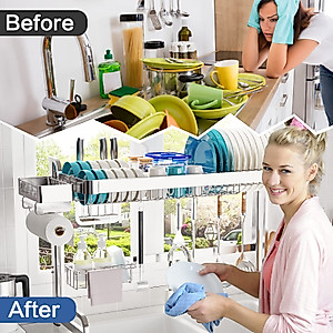 LIVOD Over The Sink Dish Drying Rack, 2 Tier Over Sink Dish Drying Rack Width Adjustable(25.6-37.6in), Durable Stainless Steel Dish Rack Over Sink Organizer, Space Saving Kitchen Sink Drying Rack