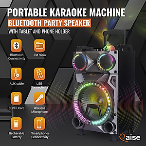 Portable Bluetooth Party Speaker and Karaoke Machine with 2 Wireless Mics, Disco Ball, LED Lights, Handle and Wheels, FM Radio. Loud Party Sound System, Rechargeable Tailgate PA Speaker