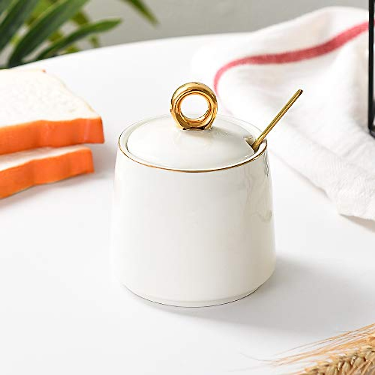 LIONWEI LIONWELI White Sugar Bowl Dispenser Salt Container Ceramic Sugar Bowl with Lid and Spoon for Home and Kitchen