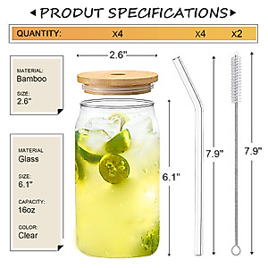 Yirilan 4pcs Glass Cups with Lids and Straws - 16 oz Glass Cups with Bamboo Lids, Iced Coffee Cup, Drinking Glasses, Clear Glass Cups- 2 Cleaning Brushes