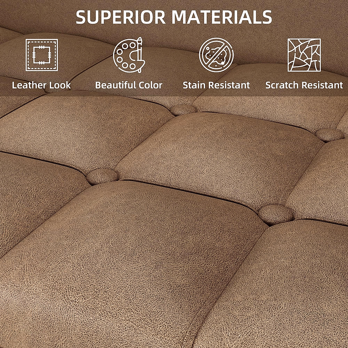 Couch, 3-Seat Faux Leather Sofa with Lift-Up Storage Box, Thick Foam Cushion with Button Tufted Design, and Gold Metal Leg, Couches for Living Room, Apartment, Office (Light Brown)