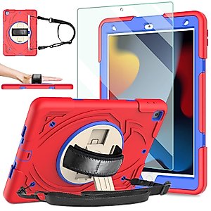 AVAWO Case for iPad 9th/8th/7th Generation iPad 10.2 Case (2021/2020/2019), [Tempered Glass Film][Shoulder Strap][Swivel Kickstand] Shockproof Protective Kids Case for iPad 10.2 Inch 9/8/7 Gen, Red