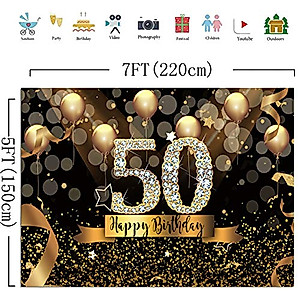 Sensfun 10x8ft Happy 50th Birthday Party Photography Backdrop Glitter Black and Gold Balloons Background for Woman Fabulous 50 Bday Party Decorations Shining Diamond Fifty Years Old Photo Banner