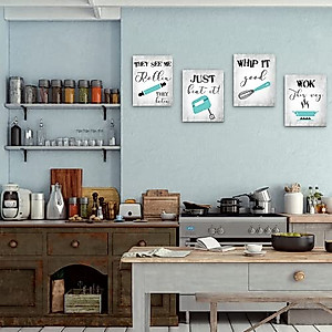 Creoate Turquoise Kitchen Canvas Wall Art, 4 Pieces Funny Kitchen Rules Songs for Kitchen Wall Decor, Canvas Poster Print Set 8X10 Framed Artwork for Dining Room, Coffee Bar, Bakery Decor