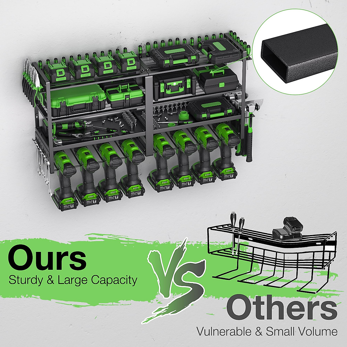 Sixfivsevn Power Tool Organizer, 8 Drill Holder Wall Mount, 4 Layers Garage Tool Organizers and Storage Rack, Heavy Duty Metal Tool Shelf with Hooks/Screwdriver Holder/Plier Holder/Hammer Holder