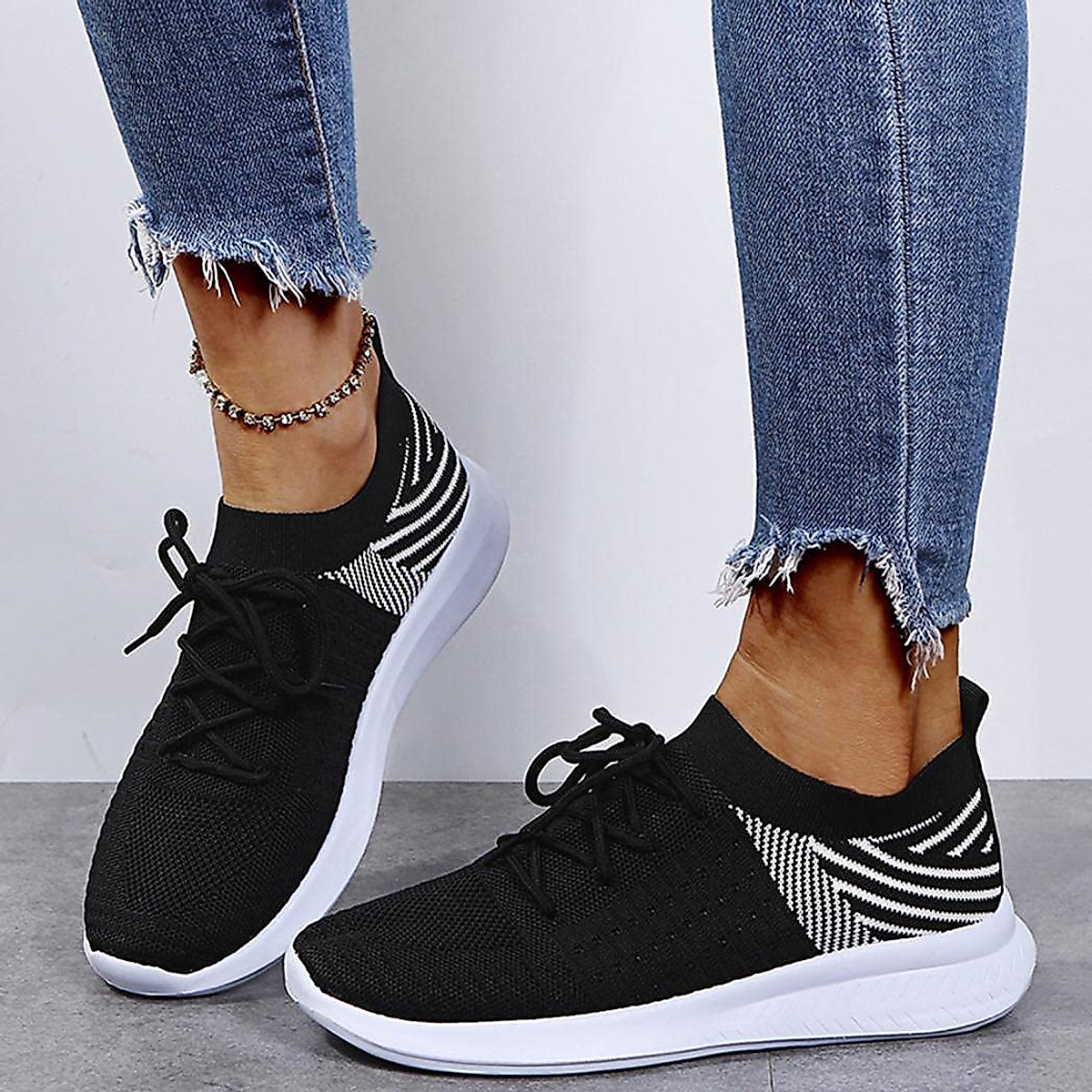 Hbeylia Walking Running Tennis Sport Sports for Women Men Fashion Slip On Sneakers Lace Up Breathable Lightweight Mesh Athletic Work Nurse Shoes Wedge Driving Loafers for Boys and Girls Black