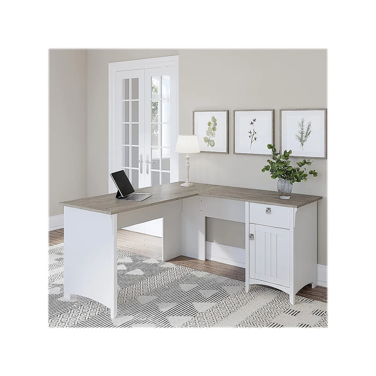 Bush Furniture Salinas L-Shaped Desk with Storage | Study Table with Drawers & Cabinets | Home Office Computer Desk in Pure White and Shiplap Gray