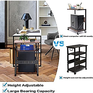 3 Tier Computer Tower Stand Adjustable, PC Tower Stand for Carpet, Height Adjustable Printer Stand with Storage, PC Computer Tower Carts with Wheels, Large Tall Gaming Computer Tower CPU Stand Wood