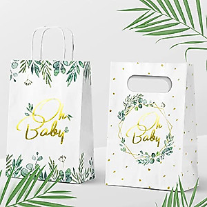 WEEPA 24 Pcs Greenery Eucalyptus Oh Baby Paper Gift Bags Neutral Baby Shower Treat Sack White Kraft Paper Bags, 5.5 * 2.5 * 8.5 inch