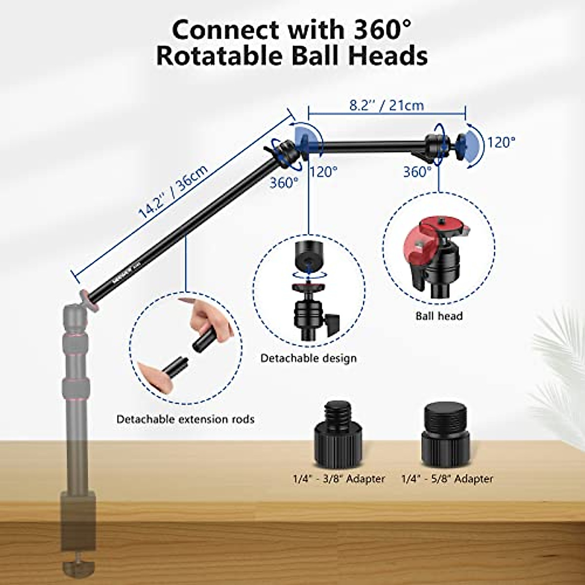 Neewer Flexible Arm Mounts On Any Camera Desk Mount Stand/Tripod for Overhead Photography, Detachable 3-Section Magic Arm with 1/4” 3/8” 5/8” Interface for Webcam, Camera, LED Light, Microphone - A163