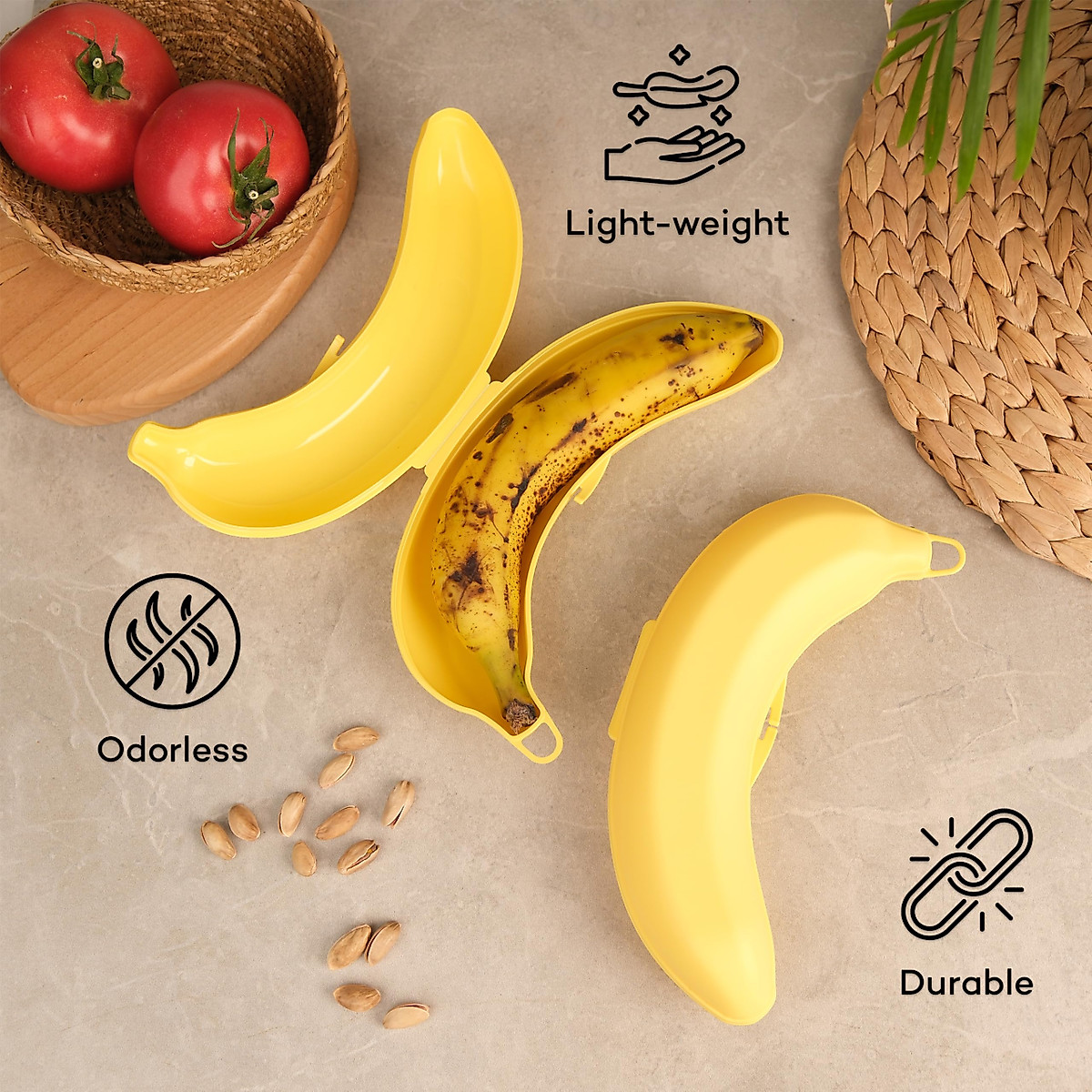 Osier Blanc Banana Keeper BPA-Free Outdoor Travel Case, Banana Protector, Cute Carrier Storage Box, Yellow 2 Pack