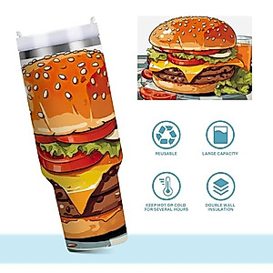 Jihqo Cartoon Burger 40 oz Stainless Steel Vacuum Insulated Tumbler with Handle and Straw Lid, Leakproof Water Bottle Double Wall Travel Mug Coffee Cup, Cupholder Friendly