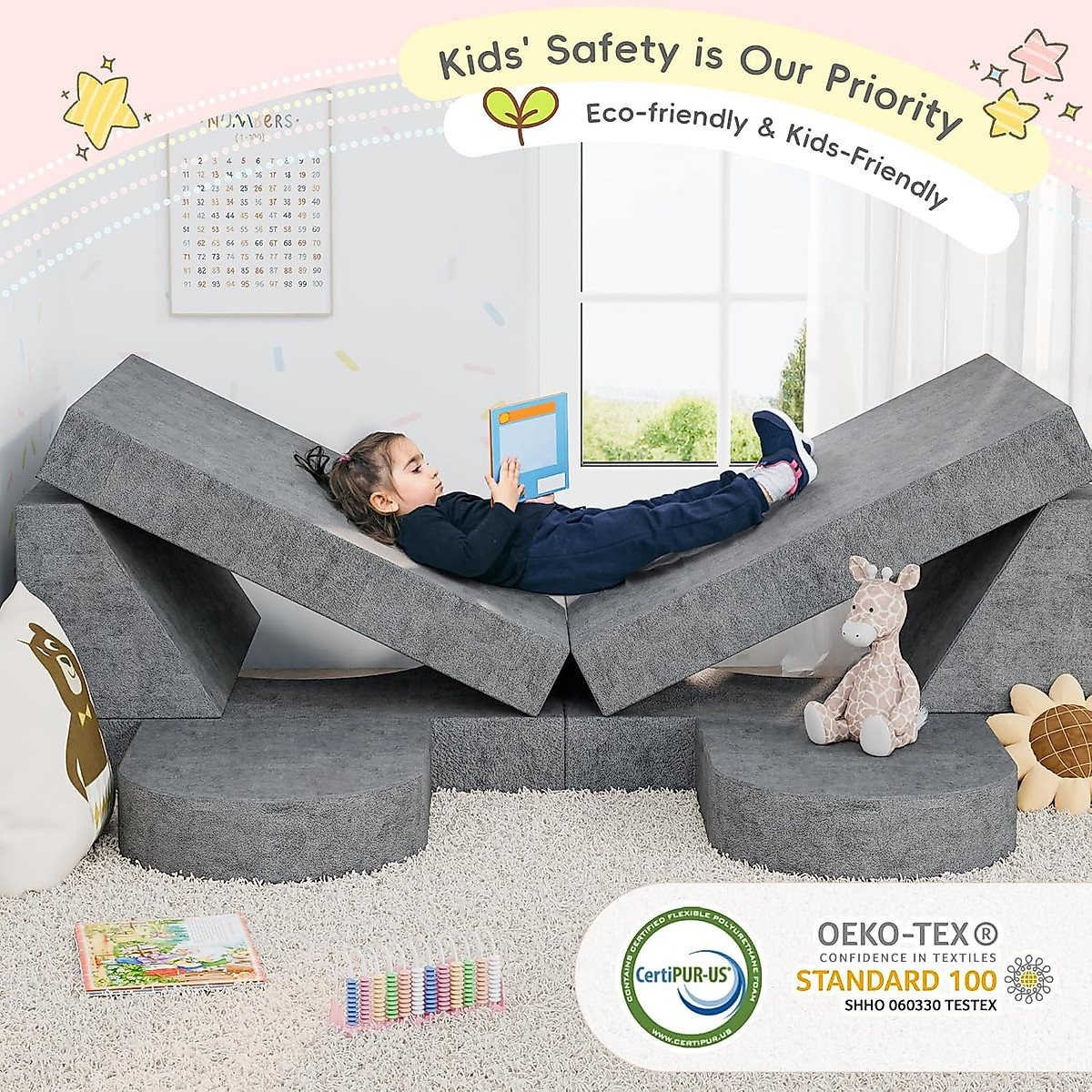 Betterhood Modular Kids Play Couch - 66" Extra Large Convertible Toddler & Kids Sofa, DIY Creativing Foam Couch for Playing, Creativity, Sleeping, Versatile Kids Couch for Playroom, Bedroom, Nursery