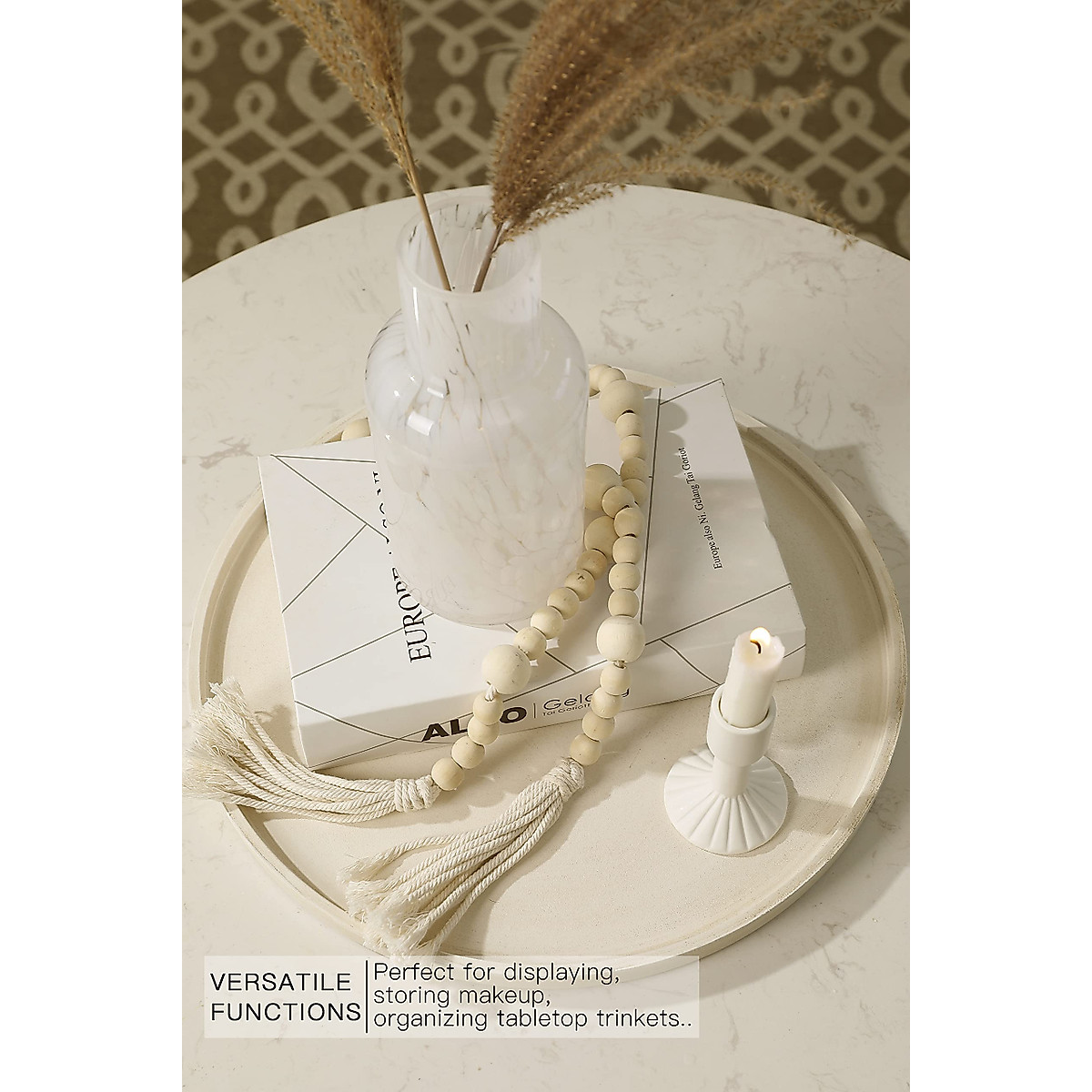 DN DECONATION White Wood Tray, Large Decorative Tray for Coffee Table, Ottoman, Decorative Round Trays, Accent Tray for Dining Room, Living Room, Farmhouse Decor