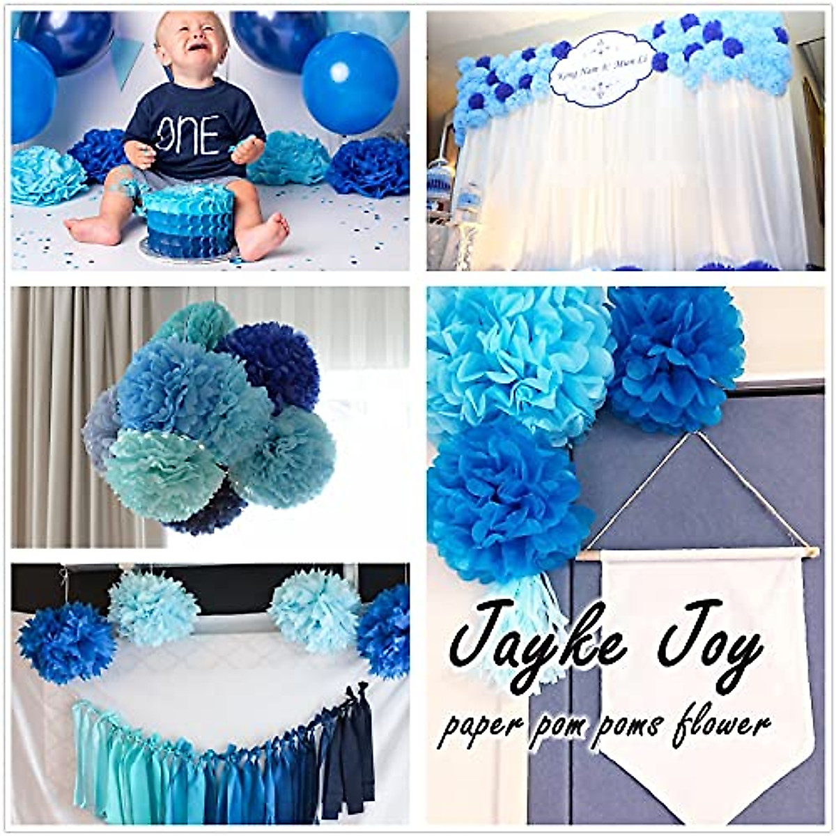 12 Pcs Tissue Pom Poms Kit, Tissue Paper Flowers for Birthday, Boy Baby Shower, Nursery, Graduation, Bachelorette Party Decoration (Blue Mix)