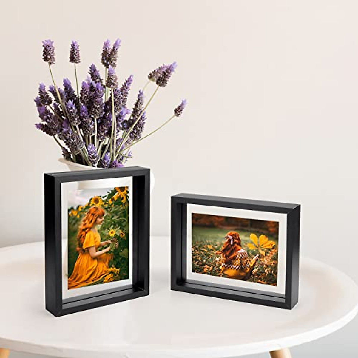 Trwcrt 5x7 Picture Frame Set of 4, Double Glass Floating Photo Frames Display up to 7 x 9 Photos for Desktop or Wall Hanging, Black