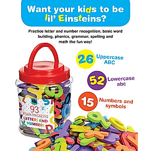 Magnetic Foam Letters and Numbers Premium Quality ABC, 93 Foam Alphabet Magnets | Educational Toy for Preschool Learning, Spelling, Counting in Canister