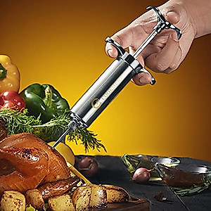 JY COOKMENT Meat Injector Syringe 2-oz Marinade Flavor Barrel 304 Stainless Steel with 3 Professional Needles 2 Cleaning Brushes and 4 Silicone O-Rings