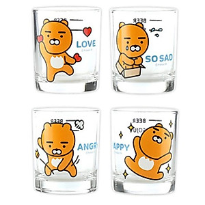 KAKAOFRIENDS Imotion Soju Clear Glasses For Alcohol Drinks Set of 4(soju glass 소주잔), Soju Shot Glasses Set Character Glass, For Party Dishwasher Safe Clarity Glassware