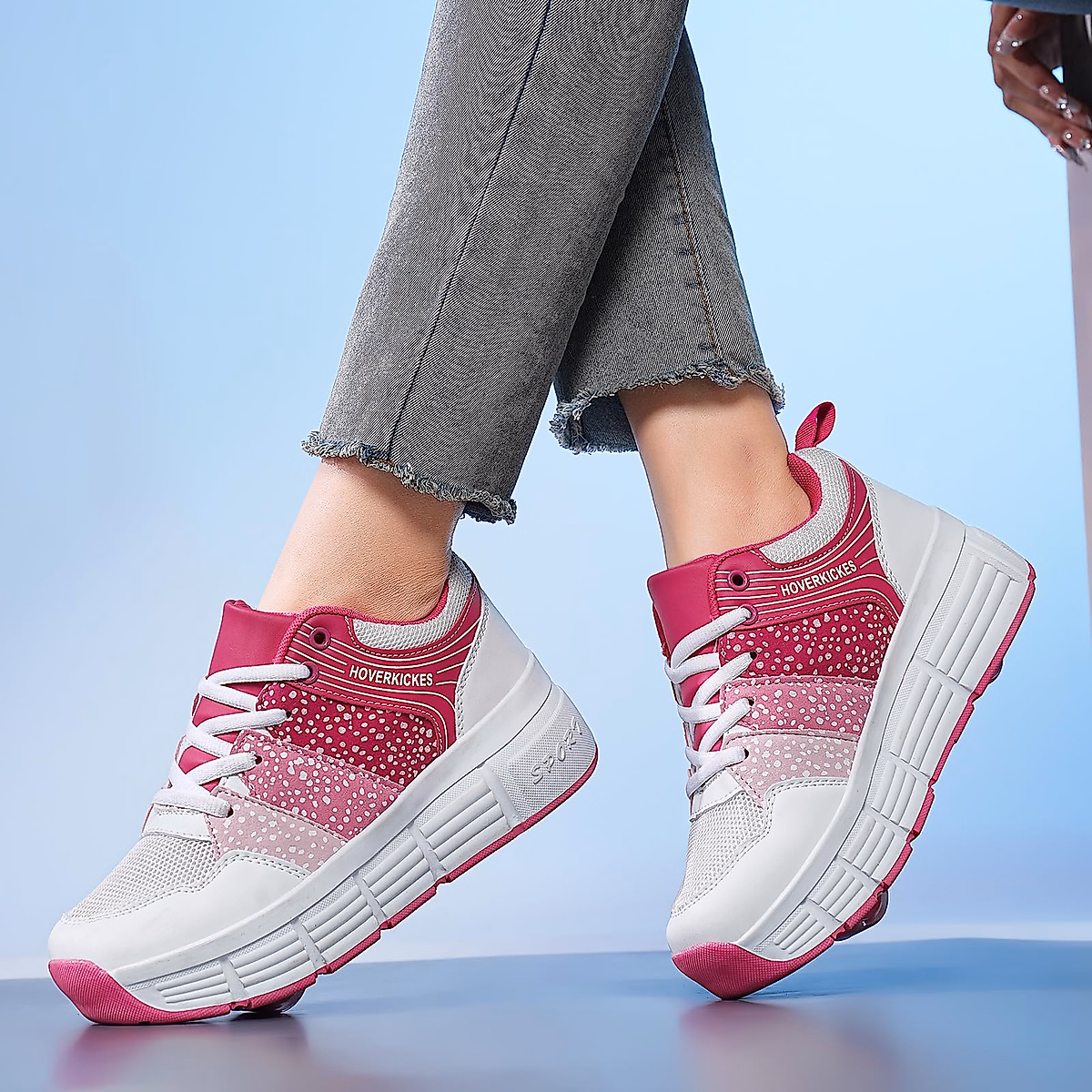 HOVERKICKES Roller Skate Shoes for Kids Boys Girls Wheelies Sneakers with Detachable Wheels Classical Roller Wheeled Shoes Pink