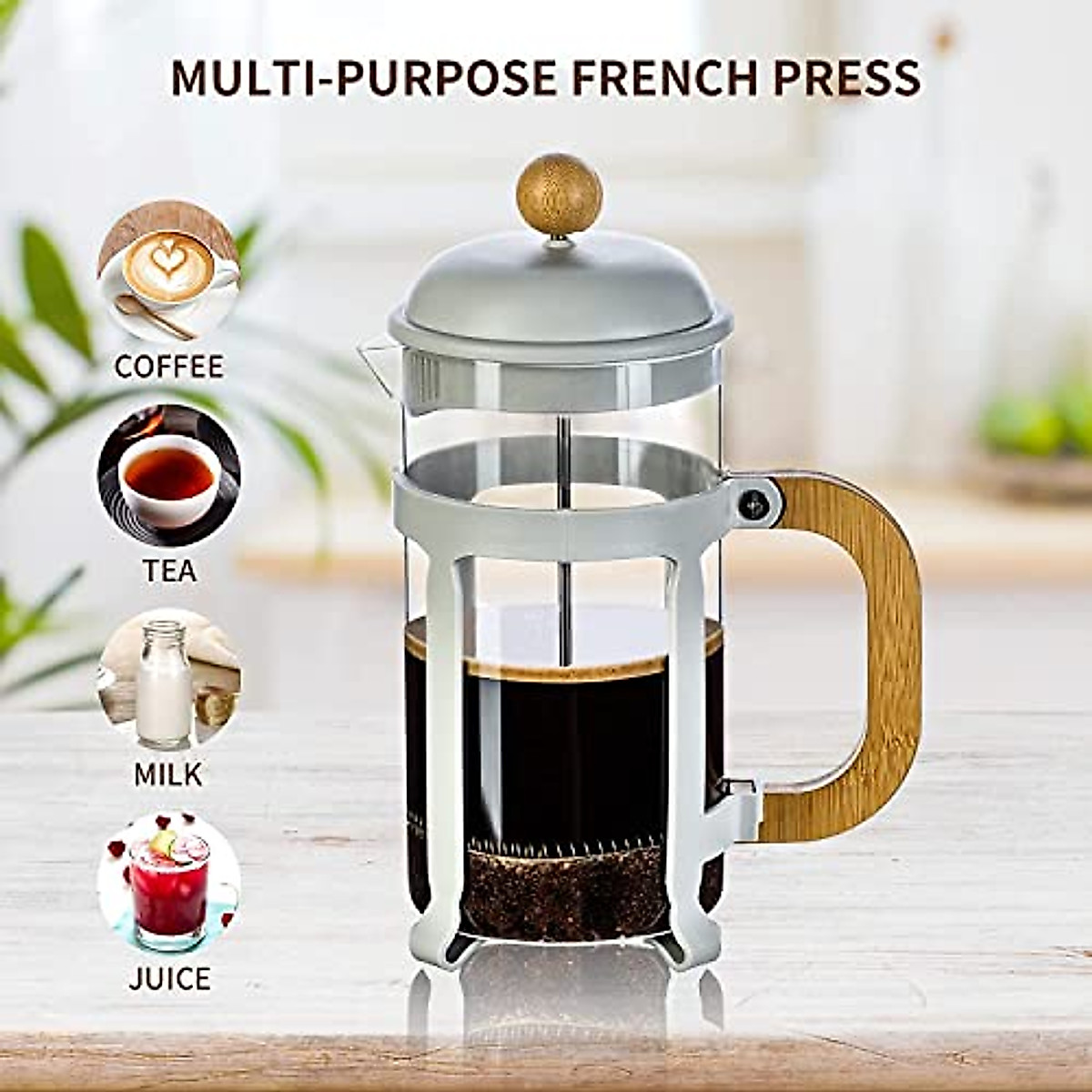 PARACITY French Press Coffee/Tea Maker 34 OZ with 2 Replaceable Filter, Camping Large Coffee/Tea Press of bamboo handle and Heat Resistant Glass, Cold Brew French Press