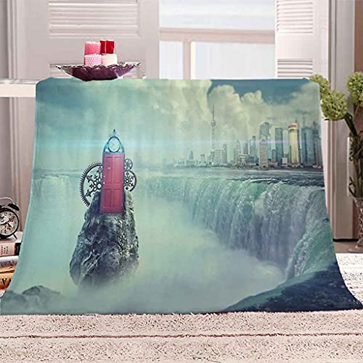 NARBOR Soft Fleece Throw Blanket - Fluffy Microfiber Solid Blankets for Bed and Couch Double/Single Size - 59X79Inch Red, Wooden Door Printed Flannel Blanket for Bed, Couch and Sofa