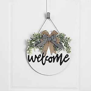 Sattiyrch Welcome Sign for Front Door Round Wood Sign Hanging for Farmhouse porch Door Decoration (White)
