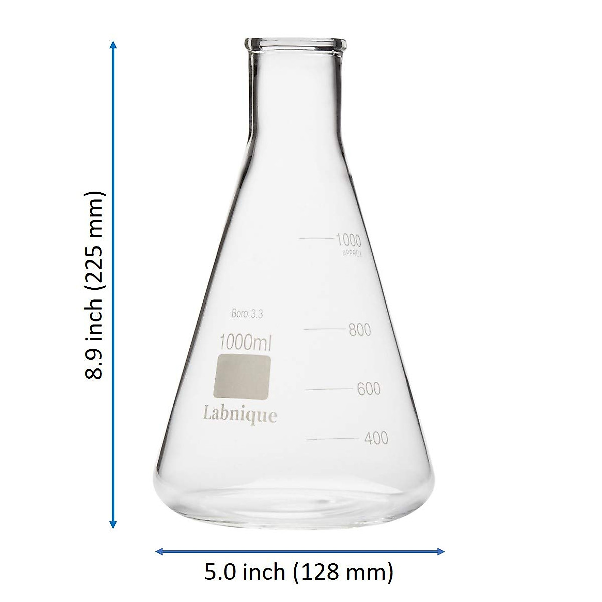 Labnique Borosilicate 3.3 Glass Conical Flask, Erlenmeyer Flask with Narrow Mouth, Graduated, Double Boxed, 1000ml (Pack of 2)