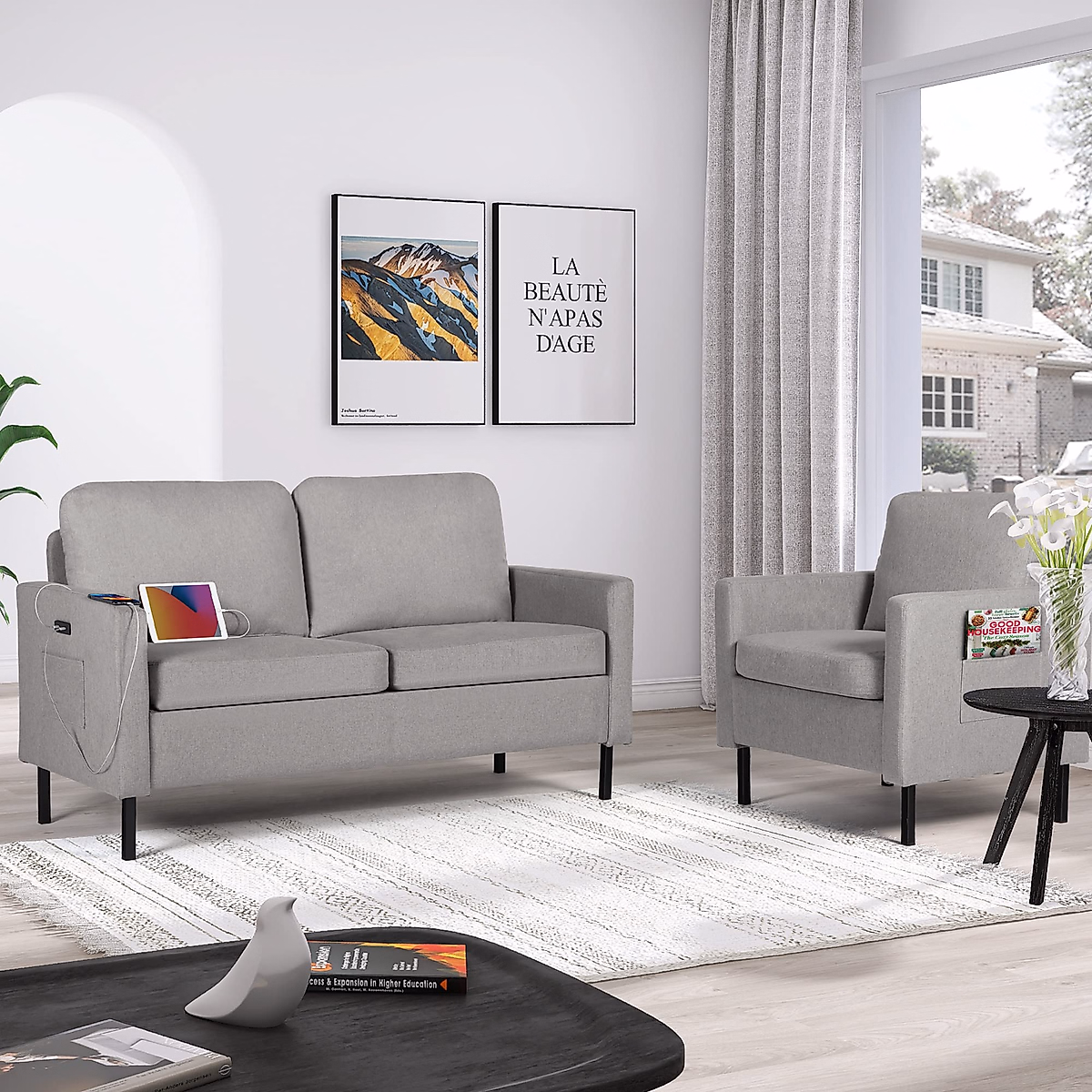 STHOUYN 2 Piece Upholstered Sectional Sofa Set Couches Sofas Living Room Furniture Sets, Loveseat with USB & Accent Chair, Grey Couch Bedroom Livingroom Apartment (2, Light Grey)