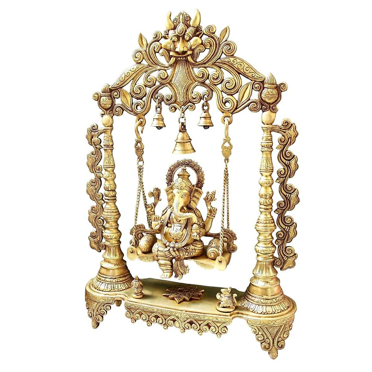 ROYALSTUFFS Brass Ganesha Idol Murti Sitting on Jhula for Worship Temple Home, 66 cm Height