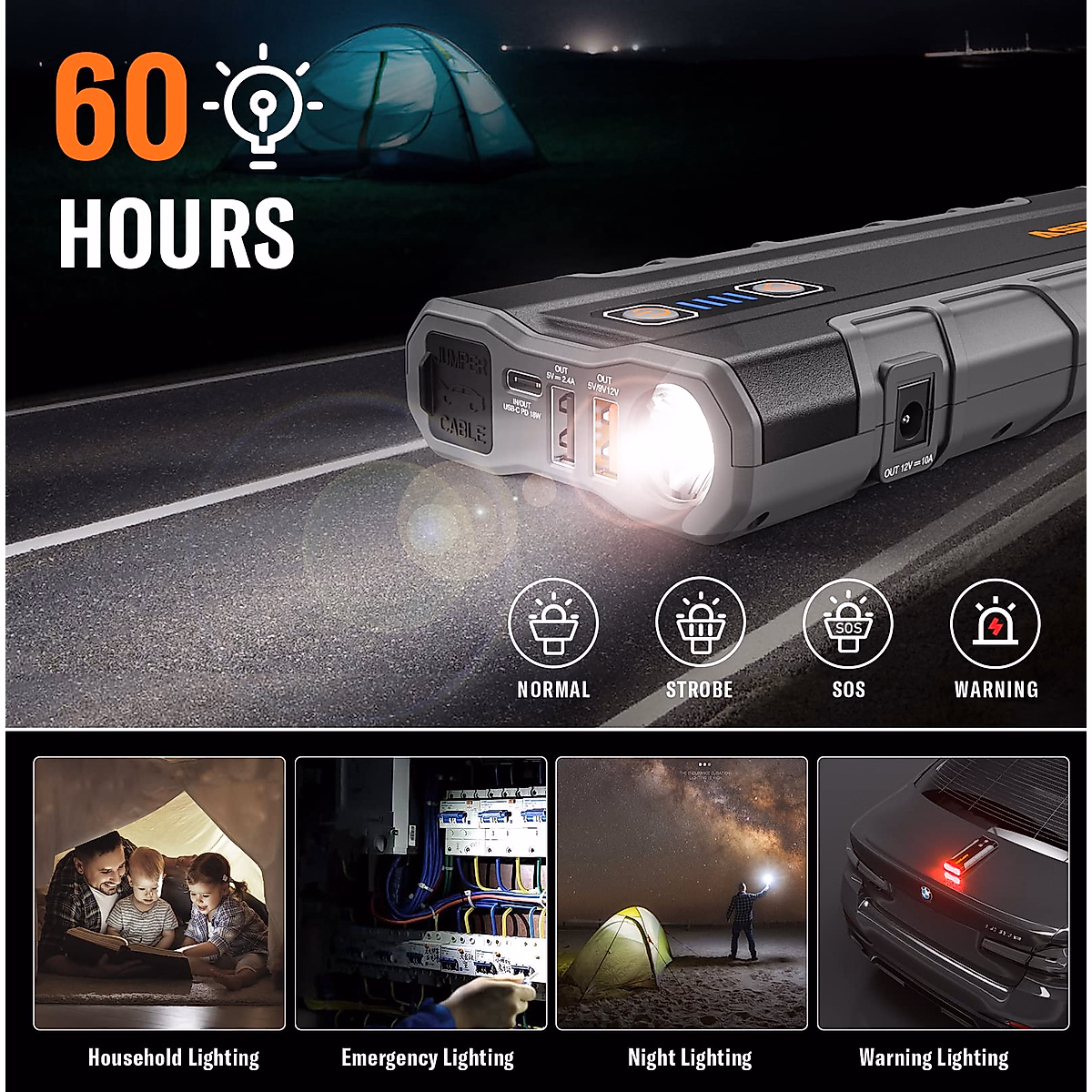 ASPERX AX2500 Car Jump Starter, 2500A Peak Battery Starter for 10L Gas or 7.3L Diesel Engines, 12V Auto Battery Booster, Lithium Jump Box with USB QC3.0, Jump Pack with Built-in LED Light