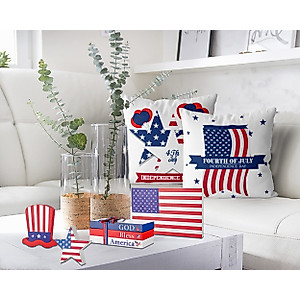 5Pcs 4th of July Tiered Tray Decor Patriotic Wood Signs American Flag Stars and Stripe Wood Blocks Red White Blue Wooden Bead Garland for 4th of July Memorial Day Home Table Decor