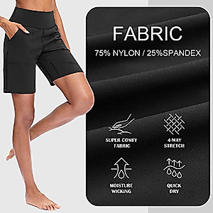 SANTINY Bermuda Shorts for Women with Zipper Pocket Womens High Waisted Long Shorts for Running Workout Athletic(Black_L)