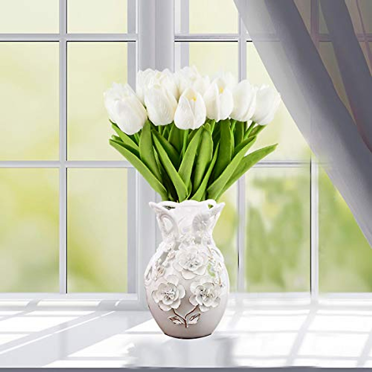 HoveBeaty Artificial Tulips Bridal Wedding Festival Decor Bouquet Real Touch PU Flower Bouquet Pack of 20 (White)