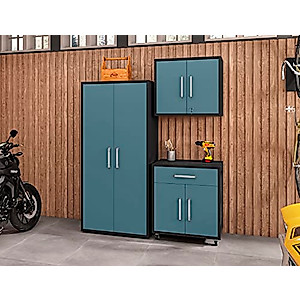 Manhattan Comfort Eiffel 3-Piece Storage Garage Set in Matte Black and Aqua Blue
