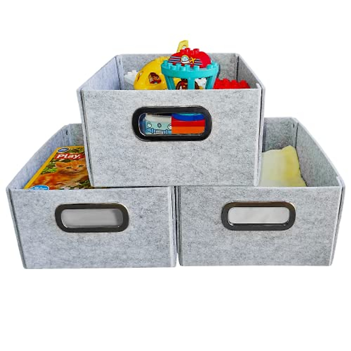 SAM AND MABEL Felt Storage Basket with Handles - (Pack of 3) Collapsible Magazine Basket Organizers for Closet and Shelves, Decorative Fabric Storage Bins for Toys, Books, Clothes, Diapers