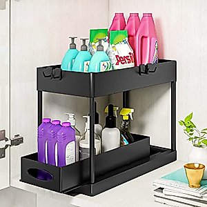 KMIGRUAN Under Sink Organizers and Storage,2 Tier Kitchen and Bathroom Organizer Under Sink Shelf，Multi-function with Hook Under Cabinet Organizer