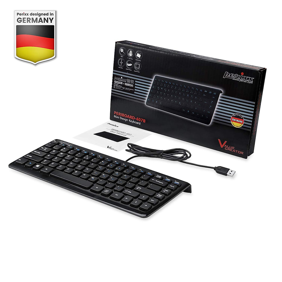 Perixx PERIBOARD-407B US, Wired USB Mini Keyboard with 11 Hot Keys - Glossy Black - US English Layout