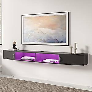 FITUEYES Floating TV Stand Wall Mounted Shelf with Colorful LED Lights, Wood Media Console Entertainment Center Under TV, Cabinet Hutch Desk Storage for Home and Office,Black