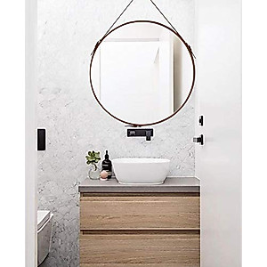 HofferRuffer Round Wall Mirror Decorative Mirror, Hanging Mirror with Hanging Strap Silver Hardware Hooker/Hanger, Diameter 23.6 inch, Brown-L