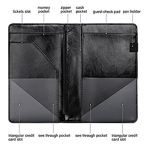 EcoVision Server Book for Waitress/Waiter Book, Premium Pu Leather Waitress Book with Money Zipper Pocket, Fits in Server Apron and Holds Receipts, Pocket Money, and Guest Check for Restaurants (Black)
