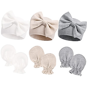 Newborn Hospital Hats Gloves Baby Infant Bow Beanie Cotton Caps No Scratch Hat Mittens Set for 0-6 Months
