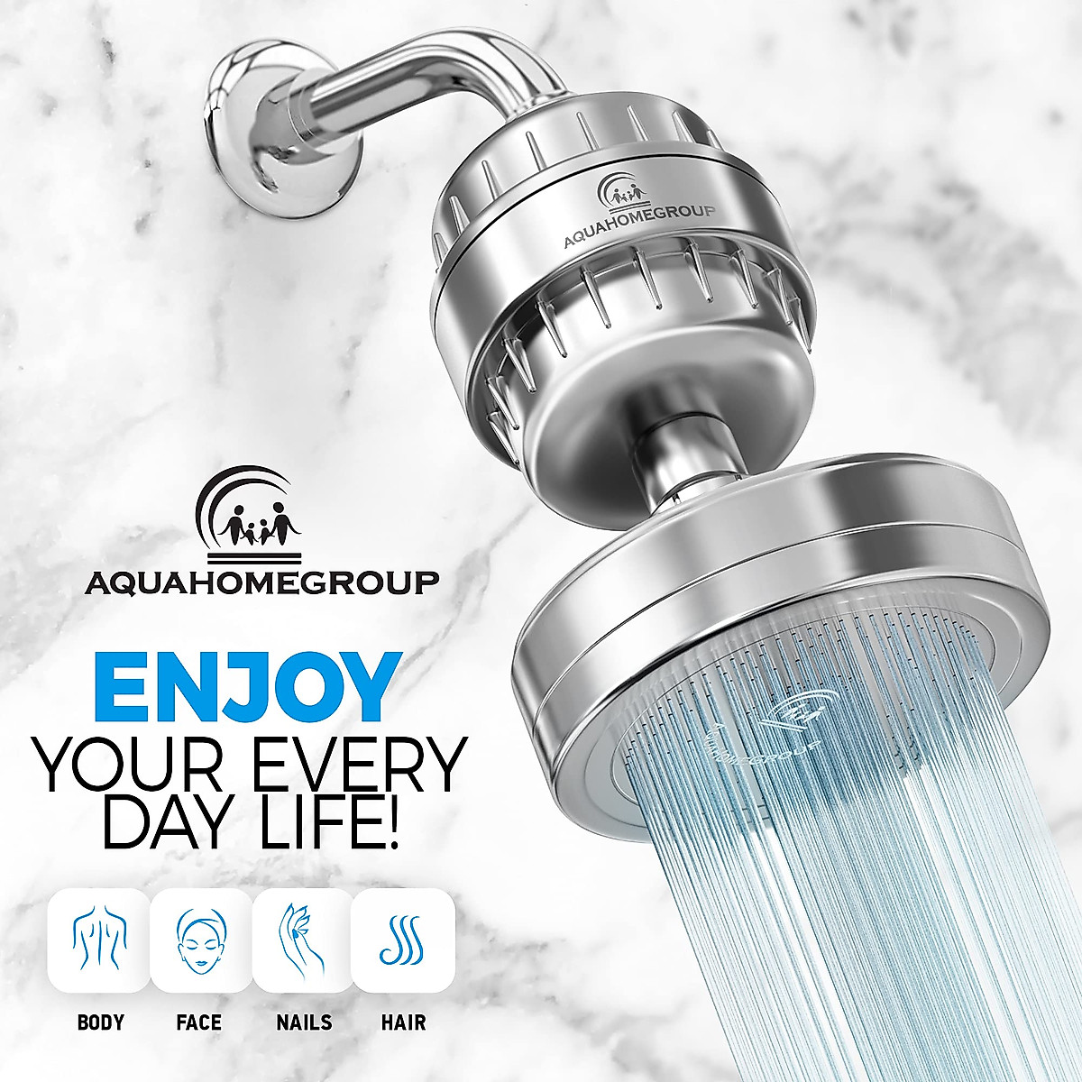 AquaHomeGroup Luxury Filtered Shower Head (Metal) 2 Cartridges Vitamin C+E+A + 5 Shower Caps - Reduses Chlorine & Sediments - Consistent Water Pressure - Massage and SPA Effery Shower Head