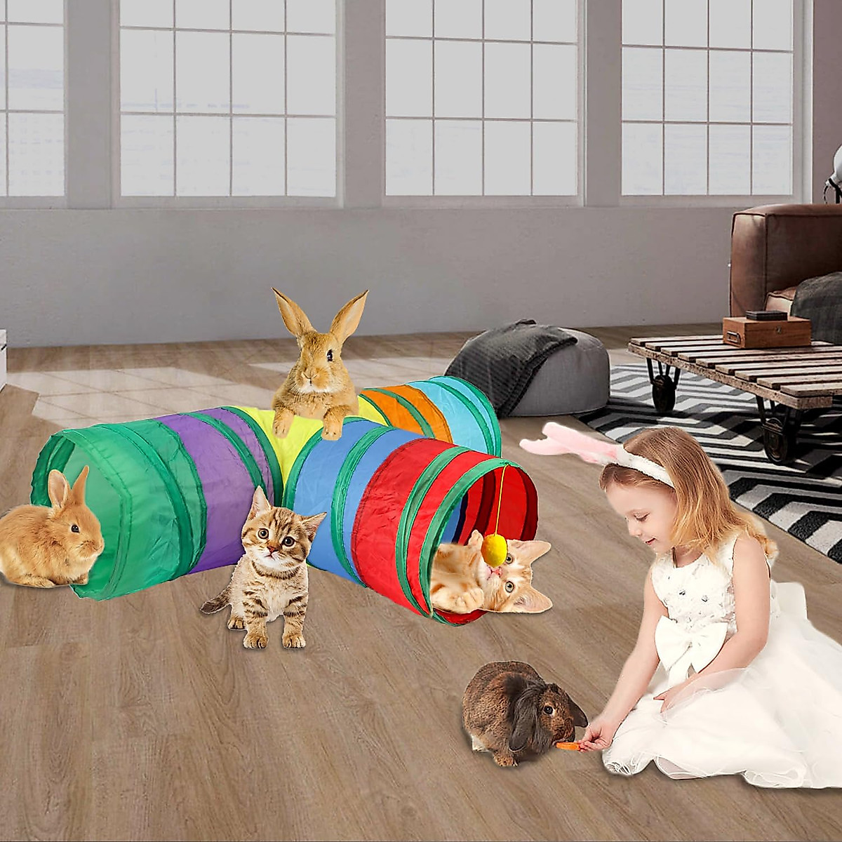Rabbit Tunnel Collapsible 3 Way Bunny Tunnels and Tubes with Interactive Ball Bunny Hideout Small Animal Activity Tunnel Toys for Dwarf Rabbit Bunny Guinea Pig Kitty