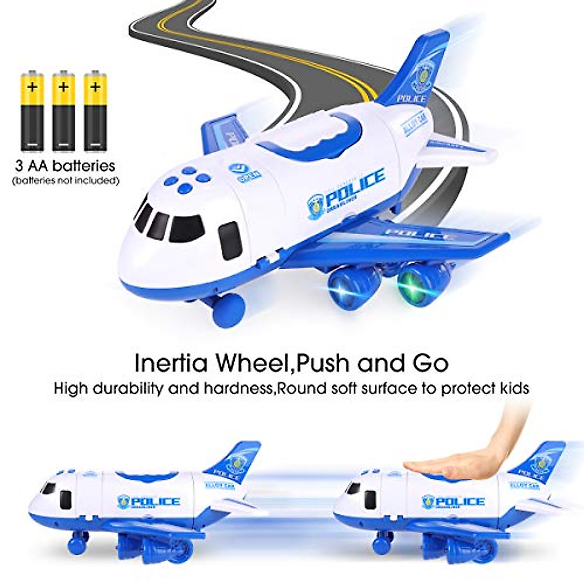 Airplane Toys, Cars Toys Set Fire Truck/Engineering Vehicle/Sanitation Vehicle/Police Car Toys Christmas Birthday Gift for 3 4 5 6 Years Old Boys Toddlers Deformable Aircraft Storage Cars Toy (Blue)