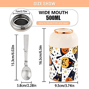 JUNZAN Halloween Cats Pumpkins Kids Womens Insulated Food Jar Container with Spoon 17oz/500ml Containers To Keep Food Hot Stainless Steel Vacuum Portable Thermal Containers for Short Travel