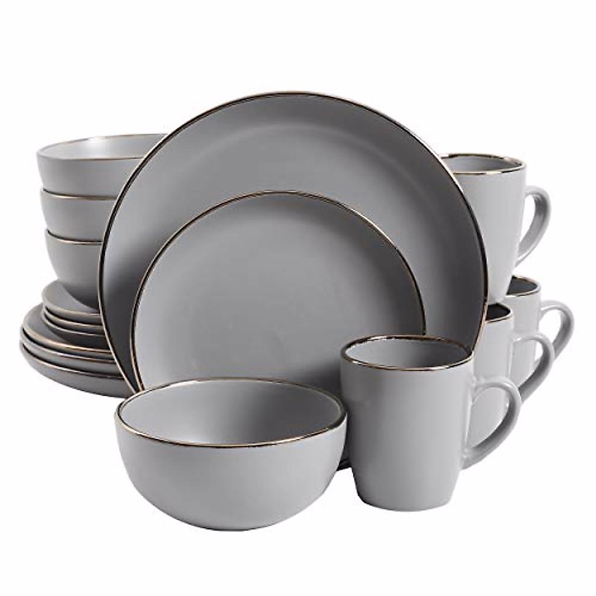 Gibson Home Rockaway Dinnerware, Service for 4 (16pcs), Grey/Gold Rim