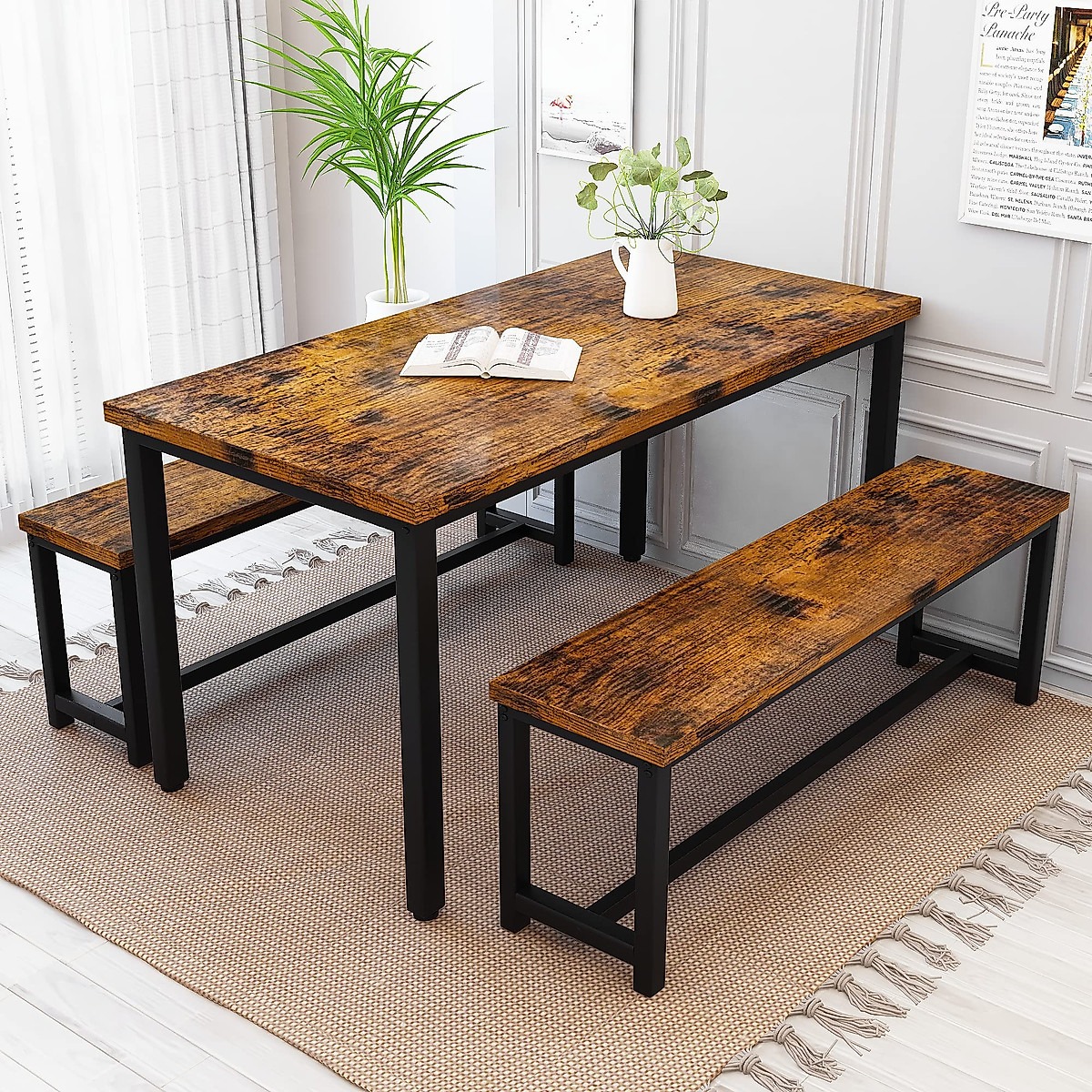 Recaceik Dining Table Set for 4 Kitchen Table Set with 2 Dining Benches, 3 Piece Farmhouse Dining Room Table Set Industrial Breakfast Nook Table Set for Small Space, Apartment, Rustic Brown