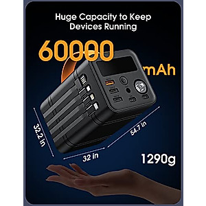 Laptop Power Bank 60000mAh/222Wh,100w usb c Charger Fast Charging ,External Battery Power Banks with Built in Cable, Compatible with iPhone 14/13 Series, Samsung, MacBook, surface,HP,Dell, and More