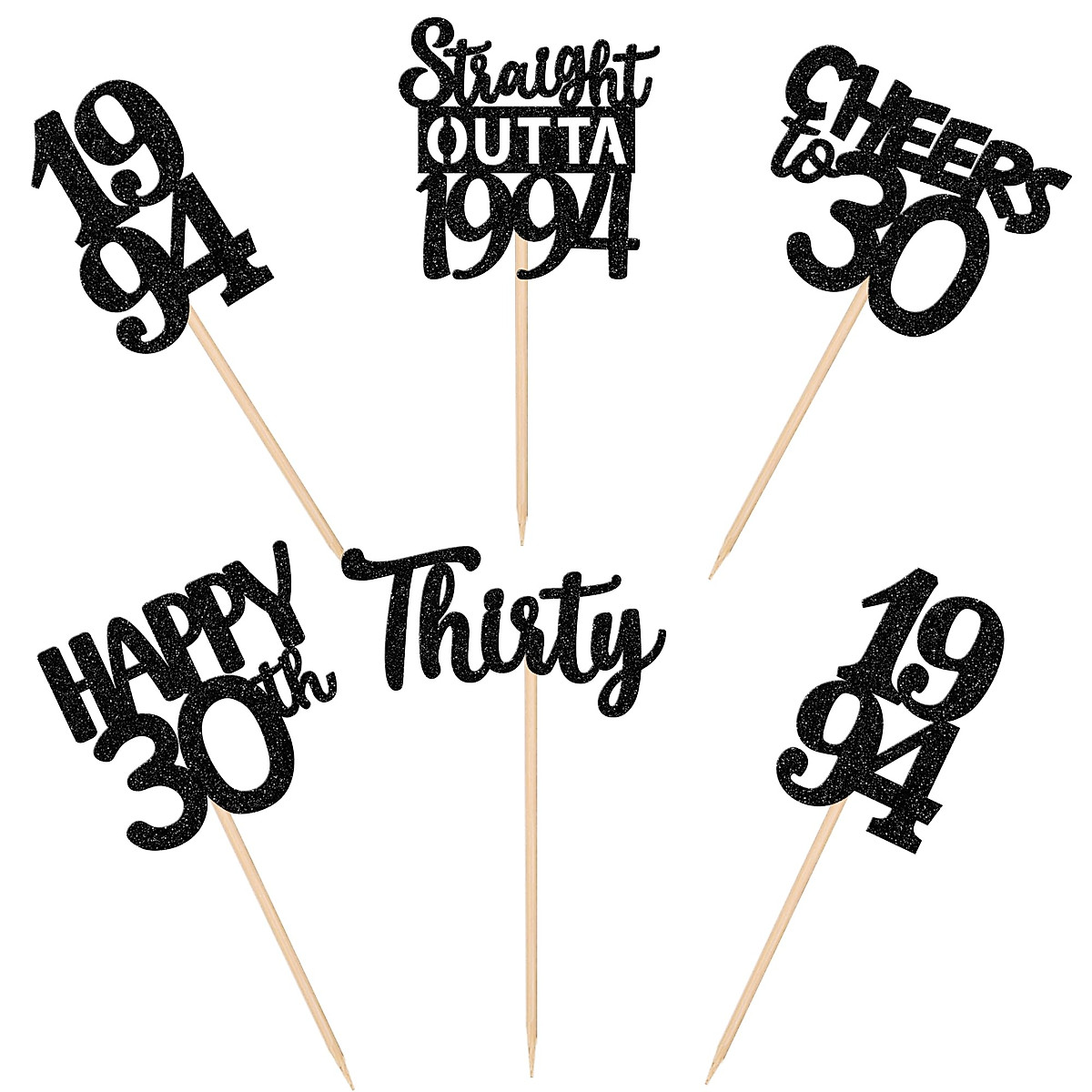 30PCS Black 30th Birthday Cupcake Toppers Glitter Thirty Happy 30th Straight Outta 1994 Cupcake Picks for Cheers to 30 Years 30th Birthday Wedding Anniversary Party Decoration Supplies